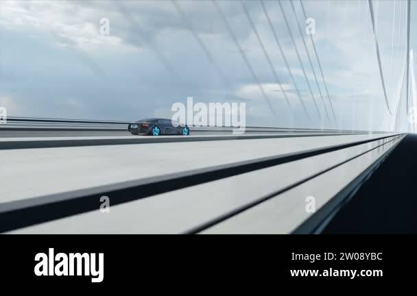 3d model of black futuristic car on the bridge. Very fast driving ...