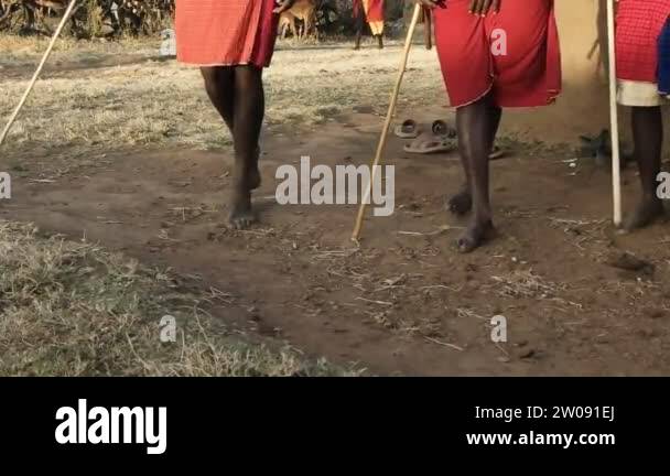 60fps close up shot of the feet and legs of maasai warriors jumping and ...