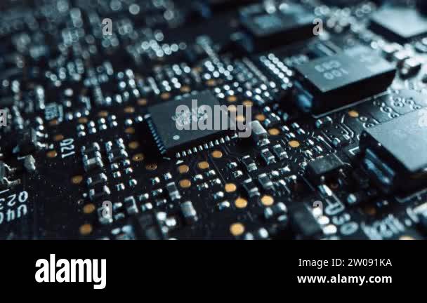 Fixed Macro Camera Focusing And Unfocusing On A Microchip Cpu Processor Printed Circuit Board 7509