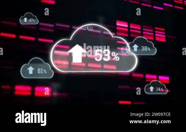 Digital animation of upload progress percentage in clouds with background of colorful genetic ...