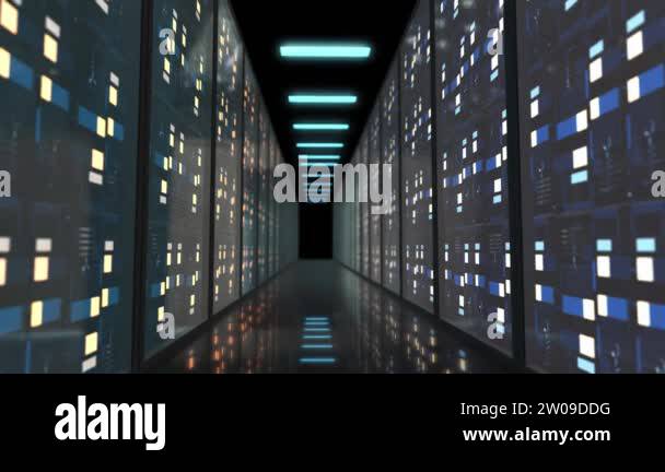 Network and data servers behind glass panels in a server room Stock ...