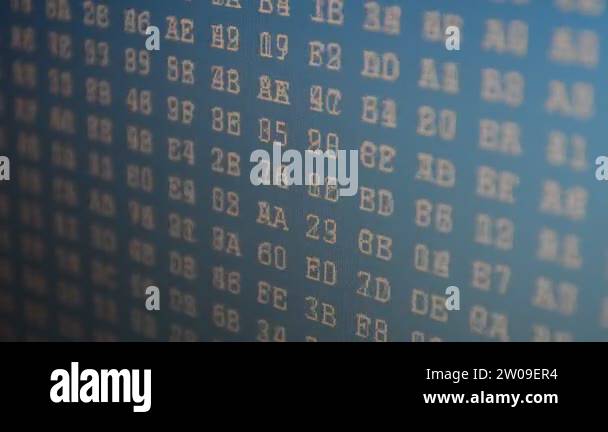 Figures On A Blue Background Shooting Of A Binary Code Hexadecimal Program Code On Screen