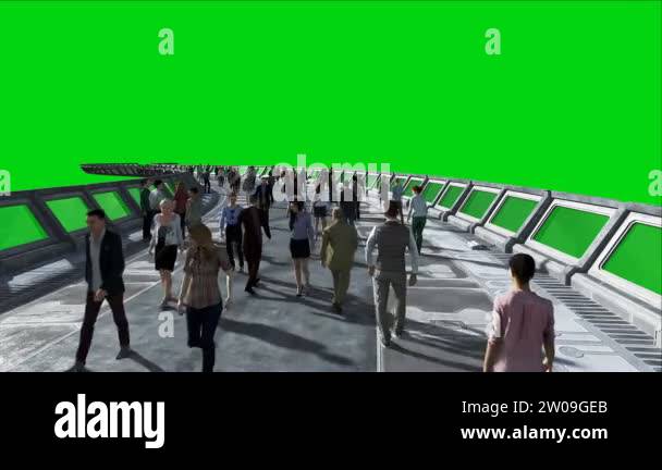 3d people in Sci fi tonnel. Traffic. Concept of future. Green screen ...