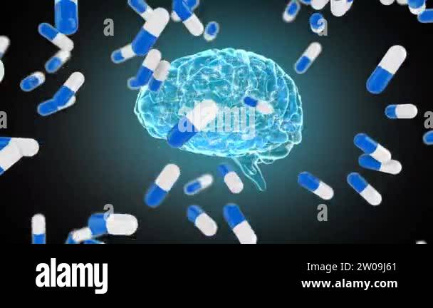 A rotating model of the brain with falling white and blue capsules ...