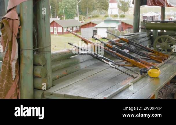 Arsenal of weapons, close-up of machine guns, firearms, AK-47 ...