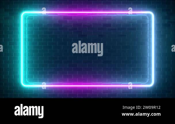 Rectangular neon sparkling luminous form on the background of a brick ...