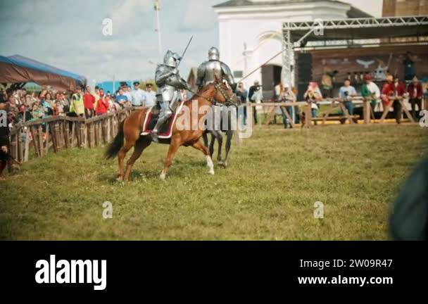 BULGAR, RUSSIA 11-08-2019: Knights with swords riding horses on the ...