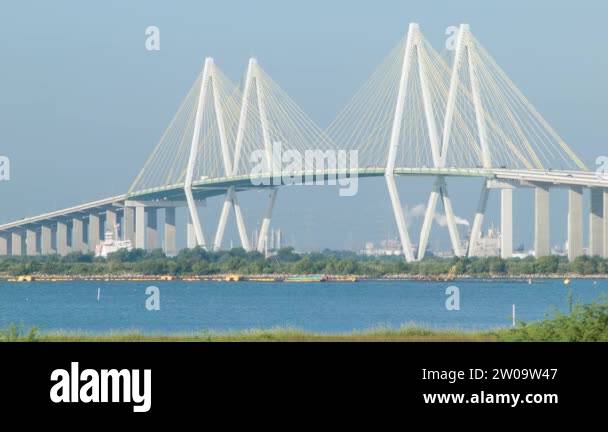 Closeup of the Fred Hartman Baytown Cable Stayed Bridge Over the ...