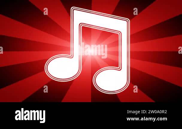 Musical note in red abstract background with rays. Looping footage with ...