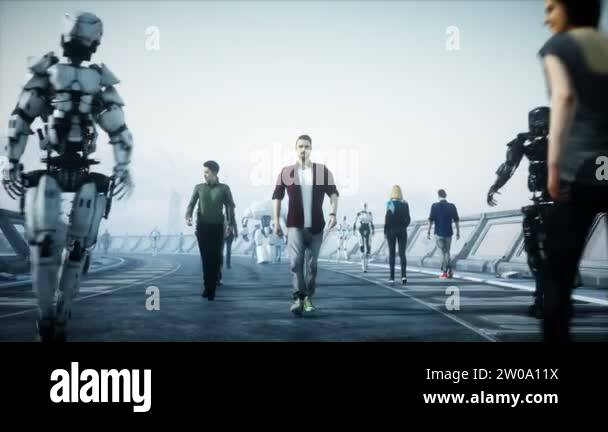 People and robots. Sci fi tonnel. Futuristic traffic. Concept of future ...