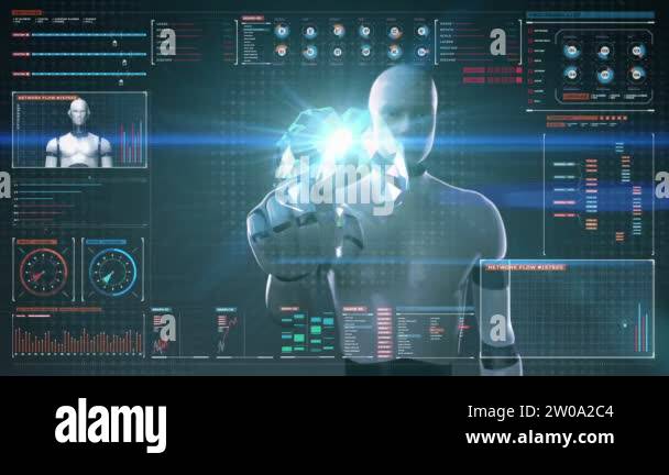 Robot cyborg touching polygon Brain,connect digital lines in digital ...