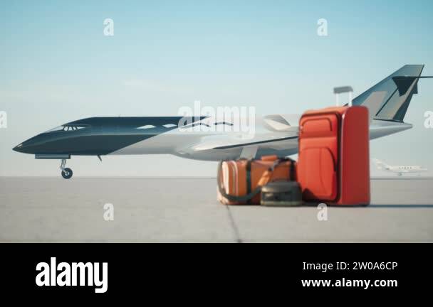 Suitcases and privat luxury jet. Privat jet and bags. Suitcases on a ...