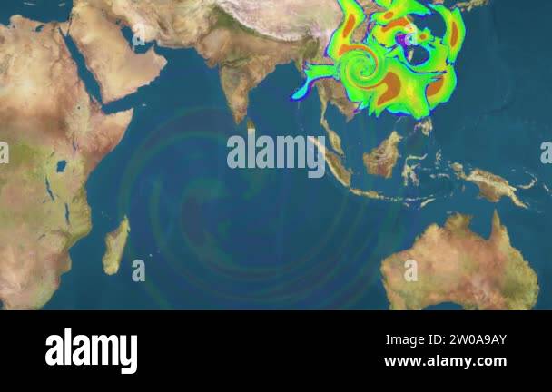 Hurricane or windstorm forecast animation on world map as seen on ...