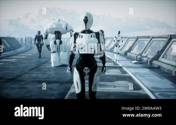 People and robots. Sci fi tonnel. Futuristic traffic. Concept of future ...