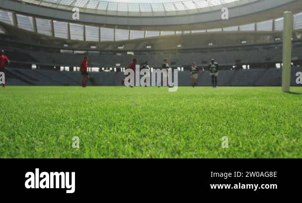 Front view of rugby players playing rugby match in stadium. Male player ...