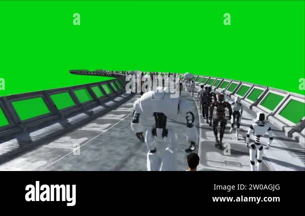 People and robots. Sci fi tonnel. Futuristic traffic. Concept of future ...