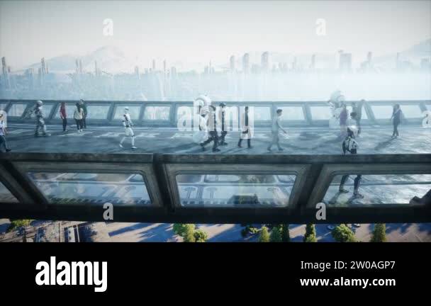 People and robots. Sci fi tonnel. Futuristic traffic. Concept of future ...