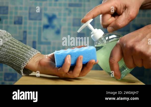 Treated porous sponge with antiseptic or soap from infection. leaning ...