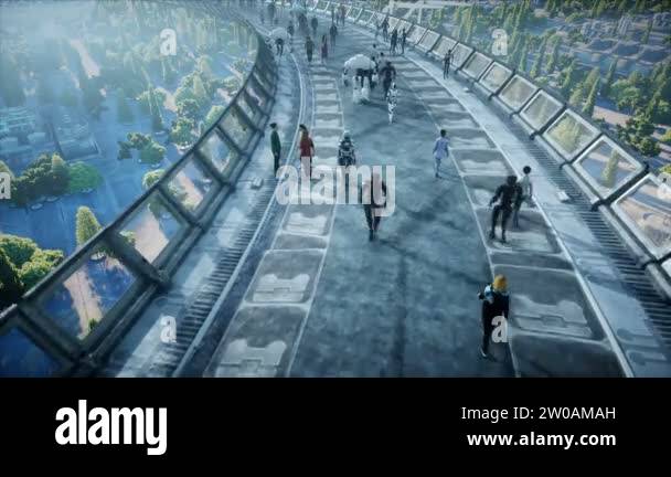People and robots. Sci fi tonnel. Futuristic traffic. Concept of future ...