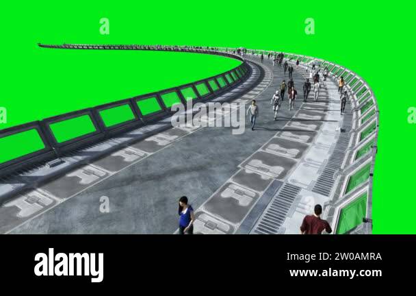 People and robots. Sci fi tonnel. Futuristic traffic. Concept of future ...