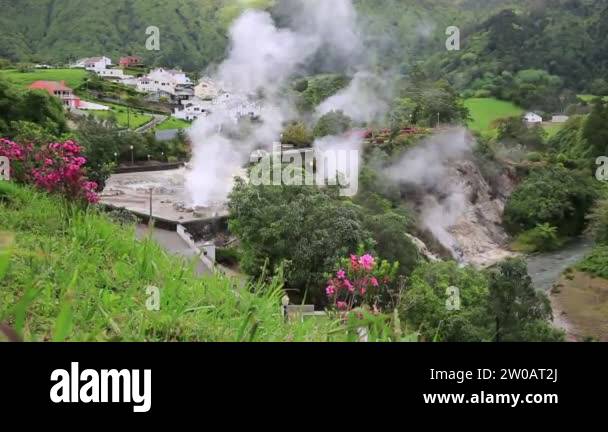 Hot spring with boiling water at the Caldeiras in the city of Furnas ...