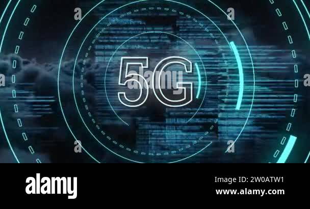 Digital animation of futuristic circles moving around 5G with background of dark clouds and ...