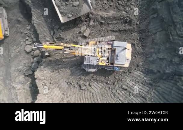 Panorama aerial view shot, open pit mine, coal mining, dumpers ...