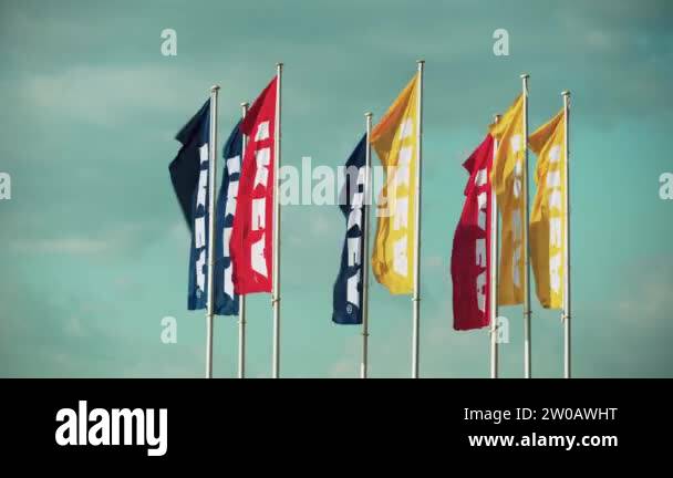 Thessaloniki, Greece - June 29 2019: IKEA Swedish furniture & home retail store waving flags ...