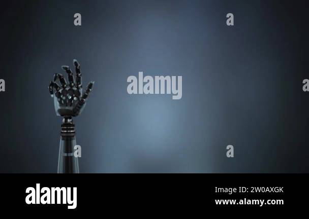 Digital animation of robot arm on stormy sky background with flashes of ...