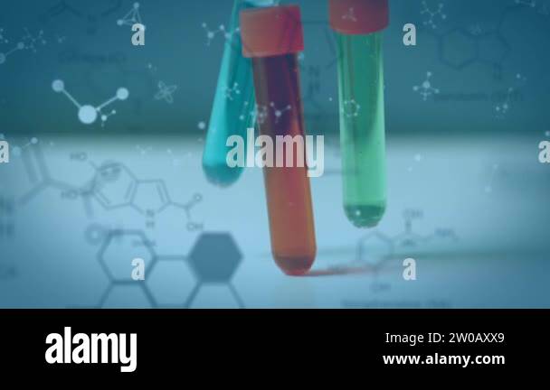 Animation of three test tubes with green, blue and red liquid falling ...