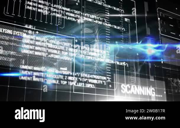 Digital animation of a futuristic interface with different graphs, world map, and data moving in ...