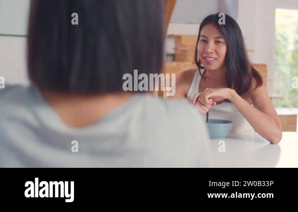 Asian women have breakfast at home, Group of young Asia friend girls ...