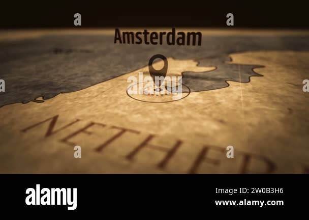 Amsterdam city on retro map in sepia color. Old atlas chart with mark ...