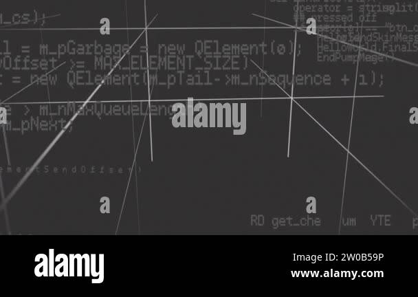 Digital animation of program codes moving in the screen with grey background of cube patterns ...