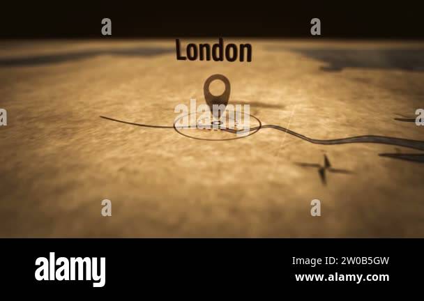 London city on retro map in sepia color. Old atlas chart with mark by ...