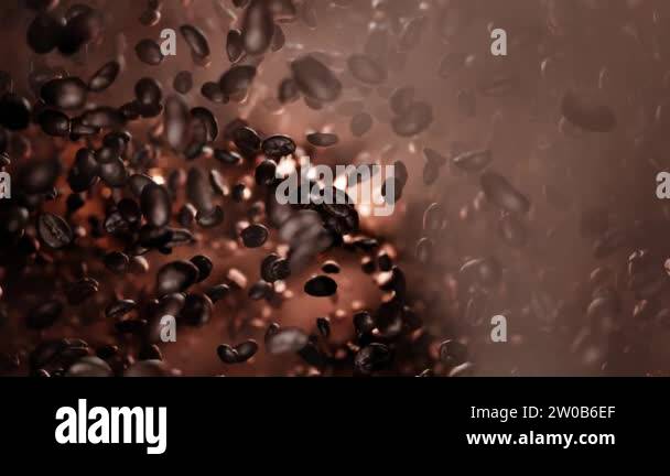 Coffee beans slowly fall and rotate on a dark background. 4K 3D loop ...