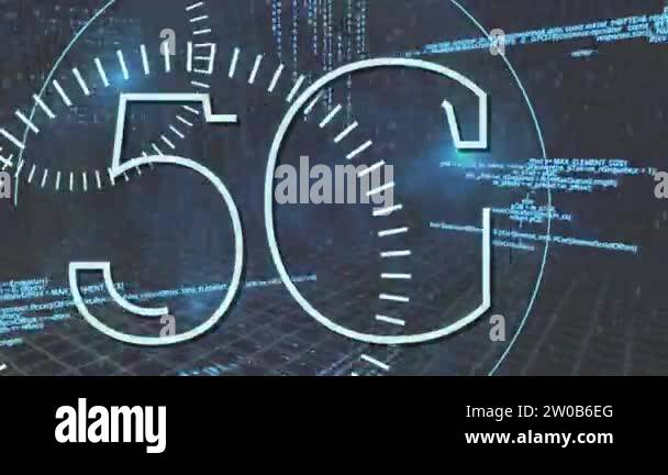 Digital animation of 5G written in the middle of a futuristic circle and program codes moving in ...