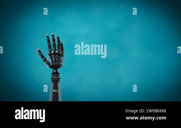 Digitally generated animation of robotic hand with palm opening and ...