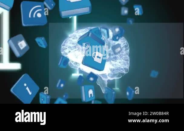 Digital animation of different online and application icons in blue squares moving downwards in ...