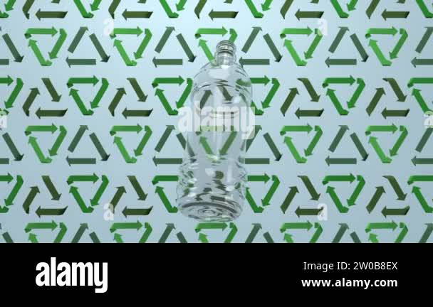 3D animation of a plastic bottle rotating on recycle signs background ...