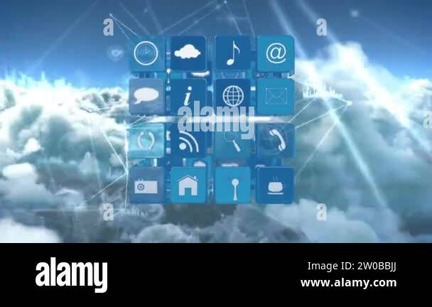 Digital animation of different online and application icons in blue ...