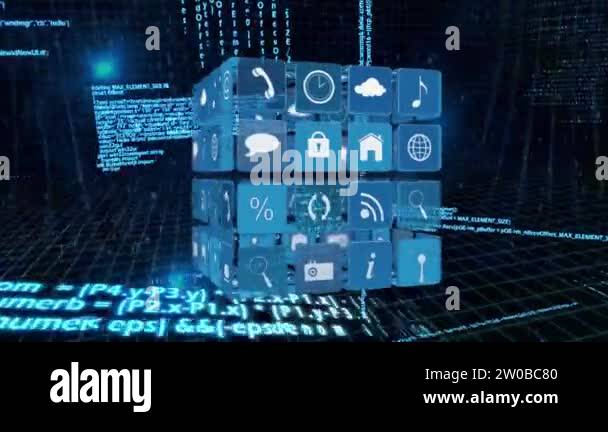 Digital Animation Of Different Online And Application Icons In Blue Squares Arranged In A Cube