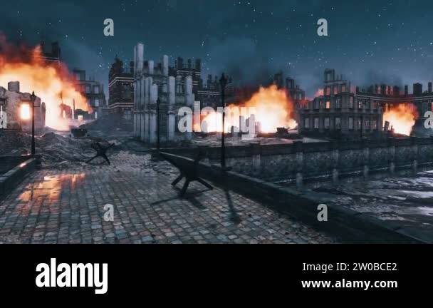 Urban battlefield scene with burning ruins of european city destroyed ...