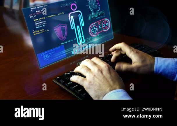 Man typing on the keyboard with create and code new game on hologram screen on desk. Cyber video ...