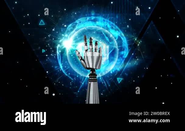 Digital animation of a robot arm rotating and hand is opening and ...