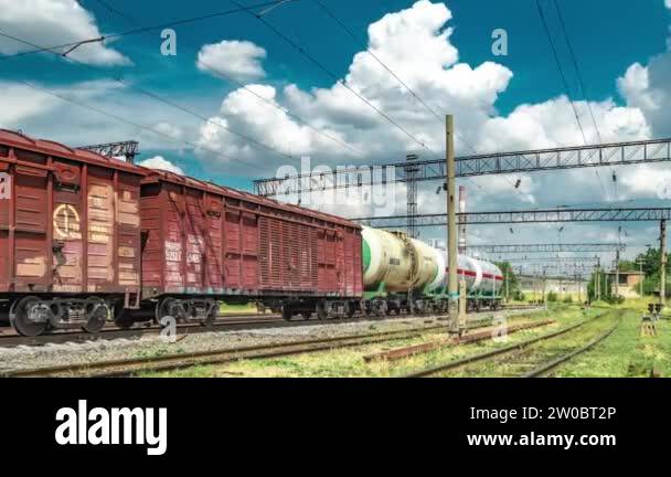 Freight railroad hopper train at the railway station. Timelapse 4K ...