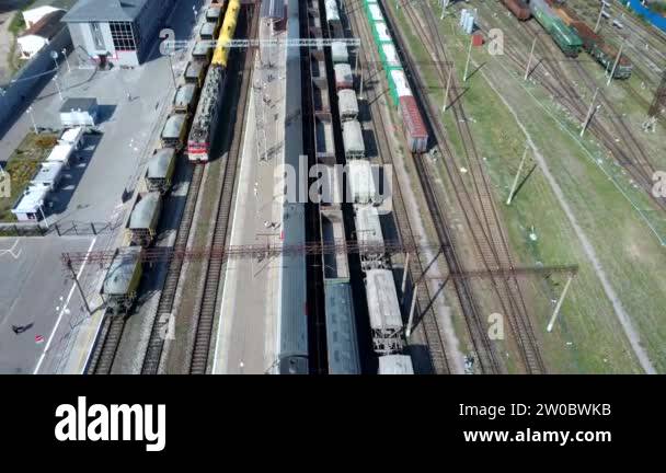 Freight trains on city cargo terminal. Railways in train parking. Cargo ...
