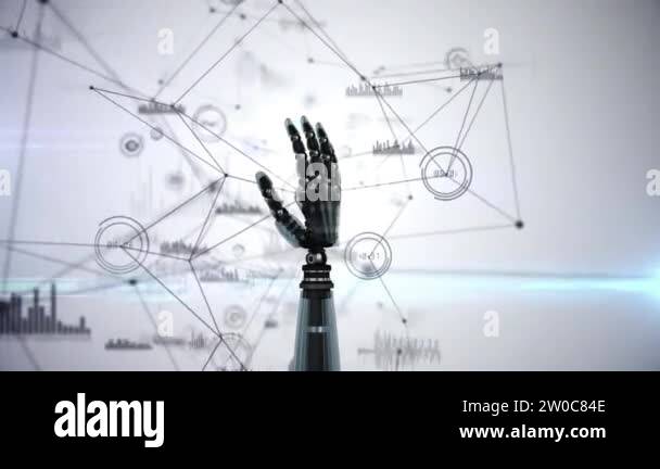 Digitally generated animation of robotic hand with palm opening and closing while rotating ...