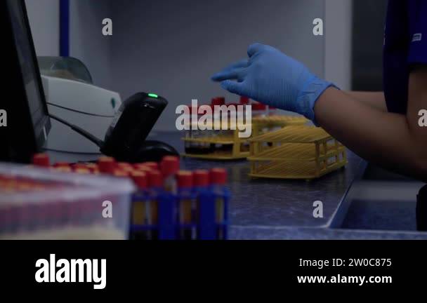 Female hands in blue rubber gloves scanning barcode and putting the ...