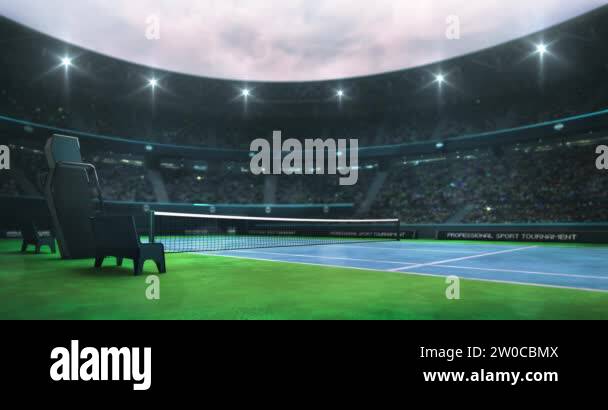 Blue and green tennis court stadium with fans at daytime animation ...